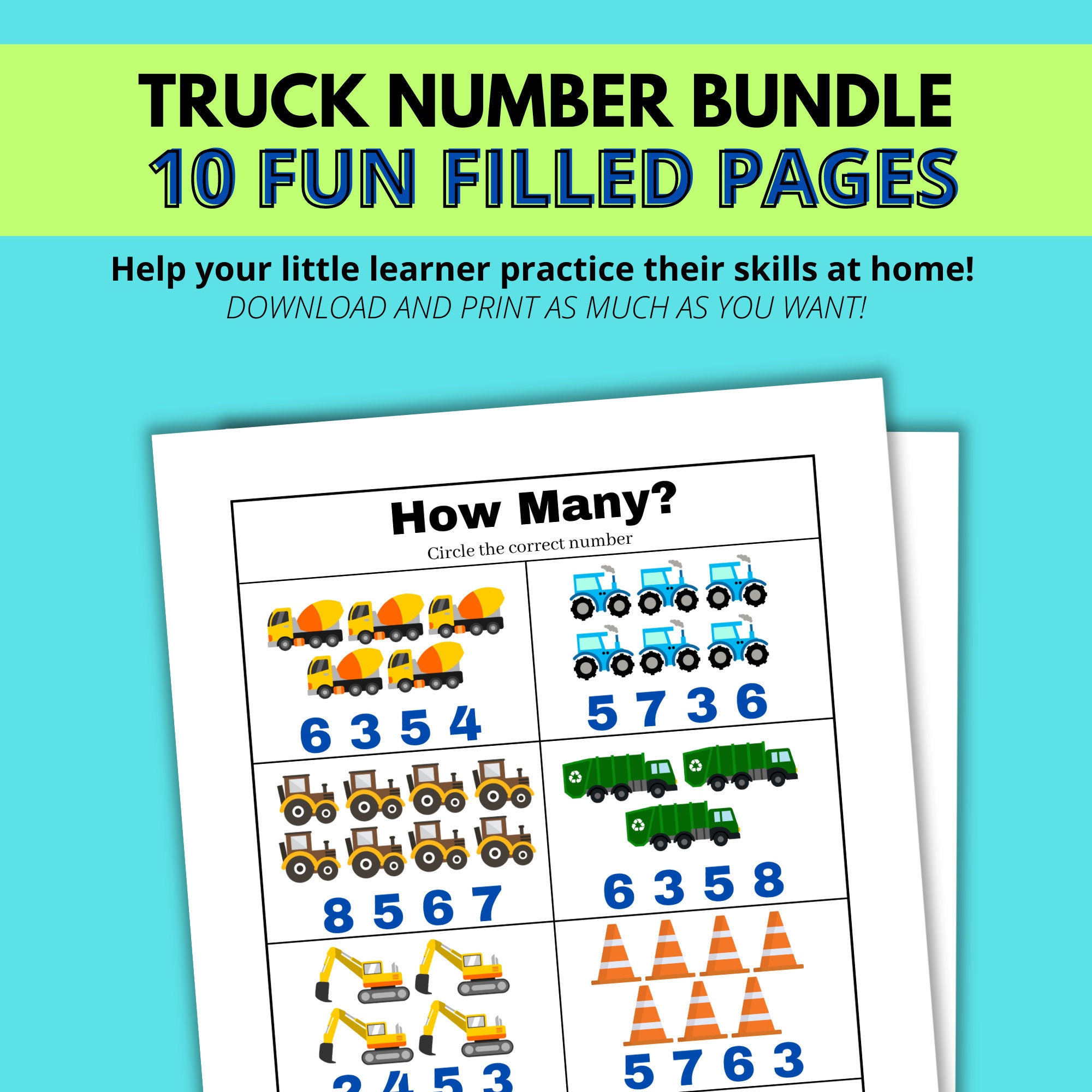 Truck Themed Math Learning Worksheet Packet, Kindergarten Math ...