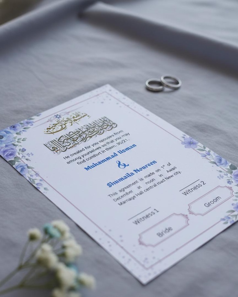 Blue Floral Islamic Nikkah Certificate Personalized Names Digital Nikah ...