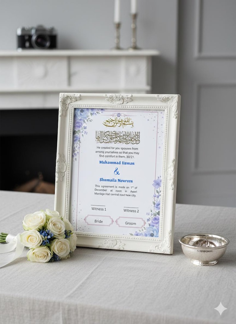 Blue Floral Islamic Nikkah Certificate Personalized Names Digital Nikah ...