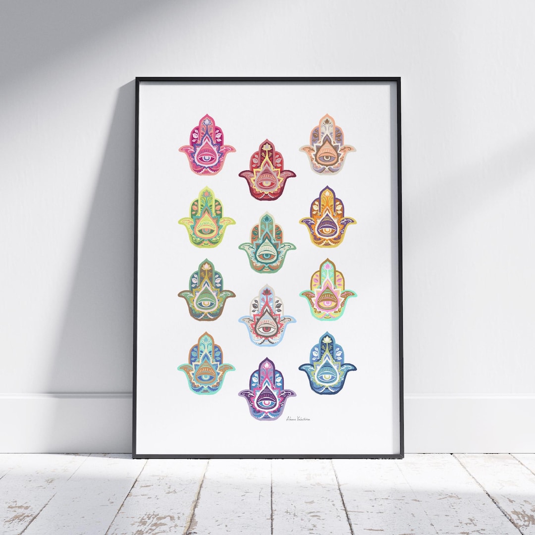 Hamsa Hand Art Print, Evil Eyes Wall Art, Yoga Shala Poster, Spiritual ...