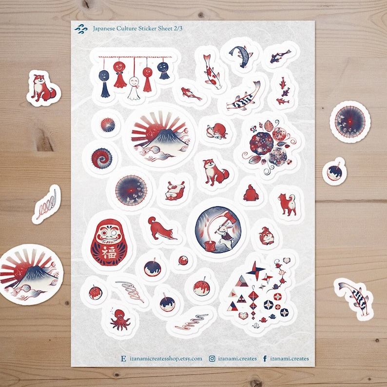 Japan Mini Sticker Sheet: Shiba Dog, Mount Fuji, Koi Fish (A5 Glossy ...