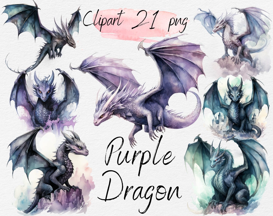 Watercolor Purple Dragons Clipart Bundle - Dragon Png, Dragon Clipart ...