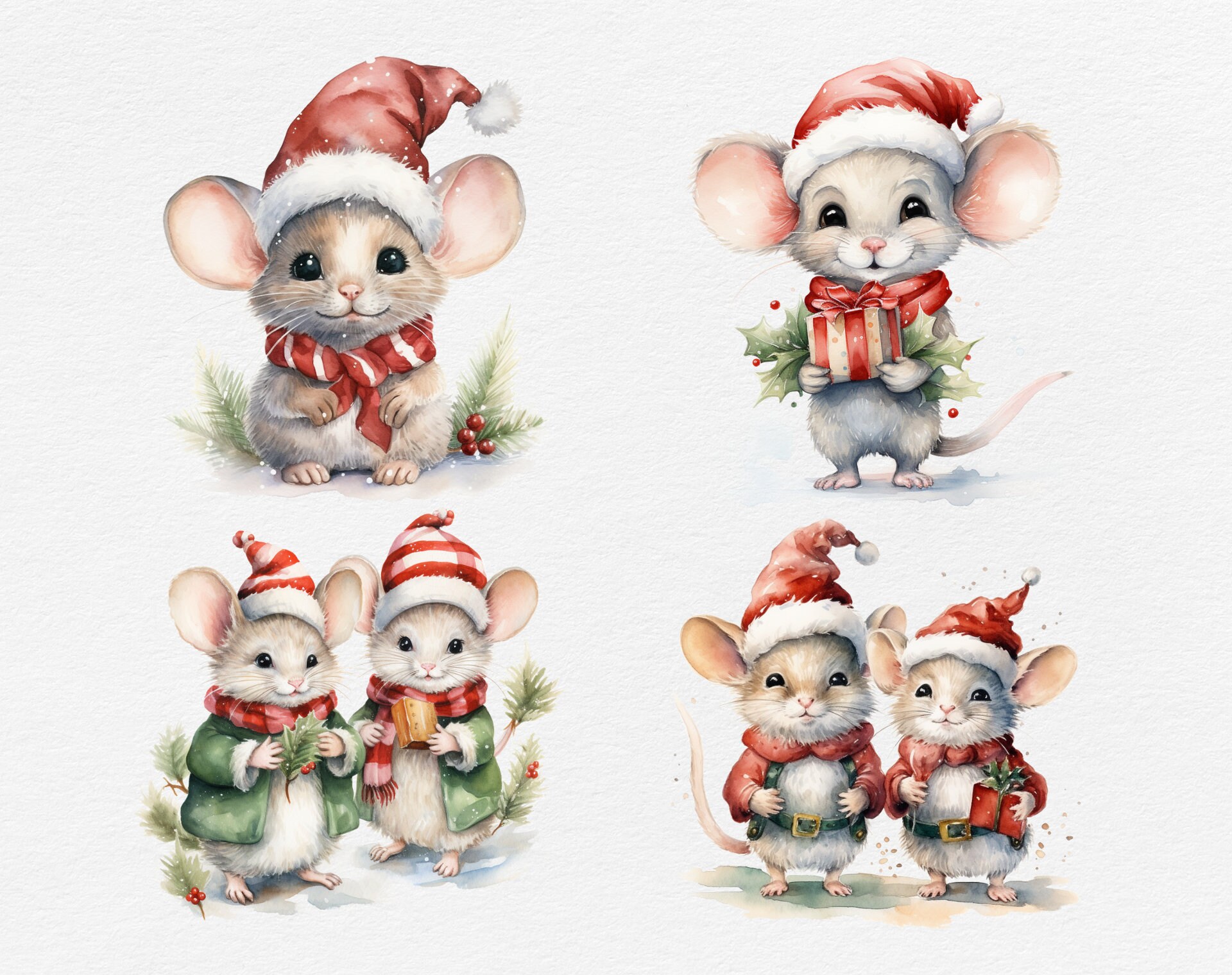 Christmas Mouse and Mice Watercolor Clipart Bundle - Scrapbooking, Junk ...