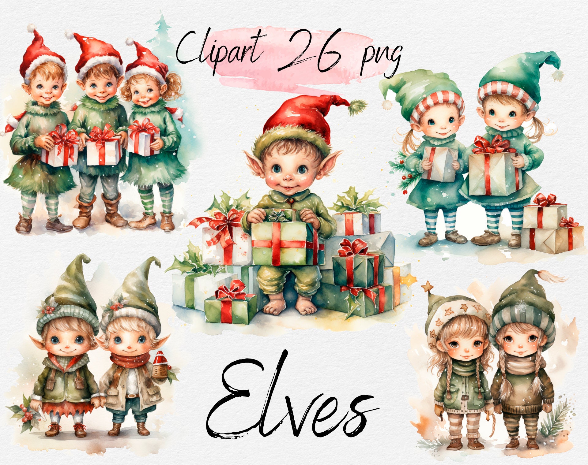 Christmas Elves Watercolor Clipart Bundle: Scrapbooking & Crafts ...