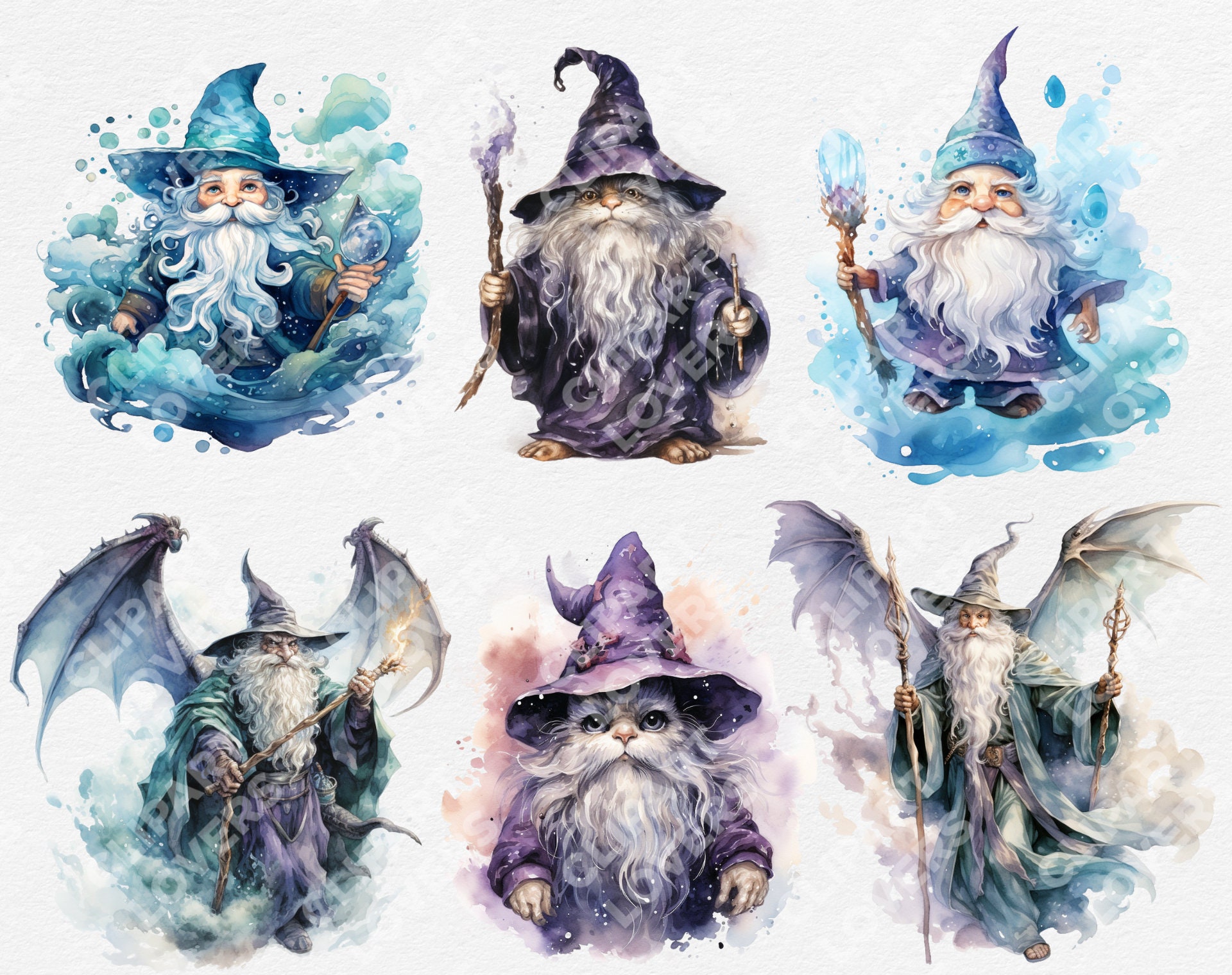 Wizard Watercolor Clipart PNG Bundle Magic Fantasy Fairytale - Etsy