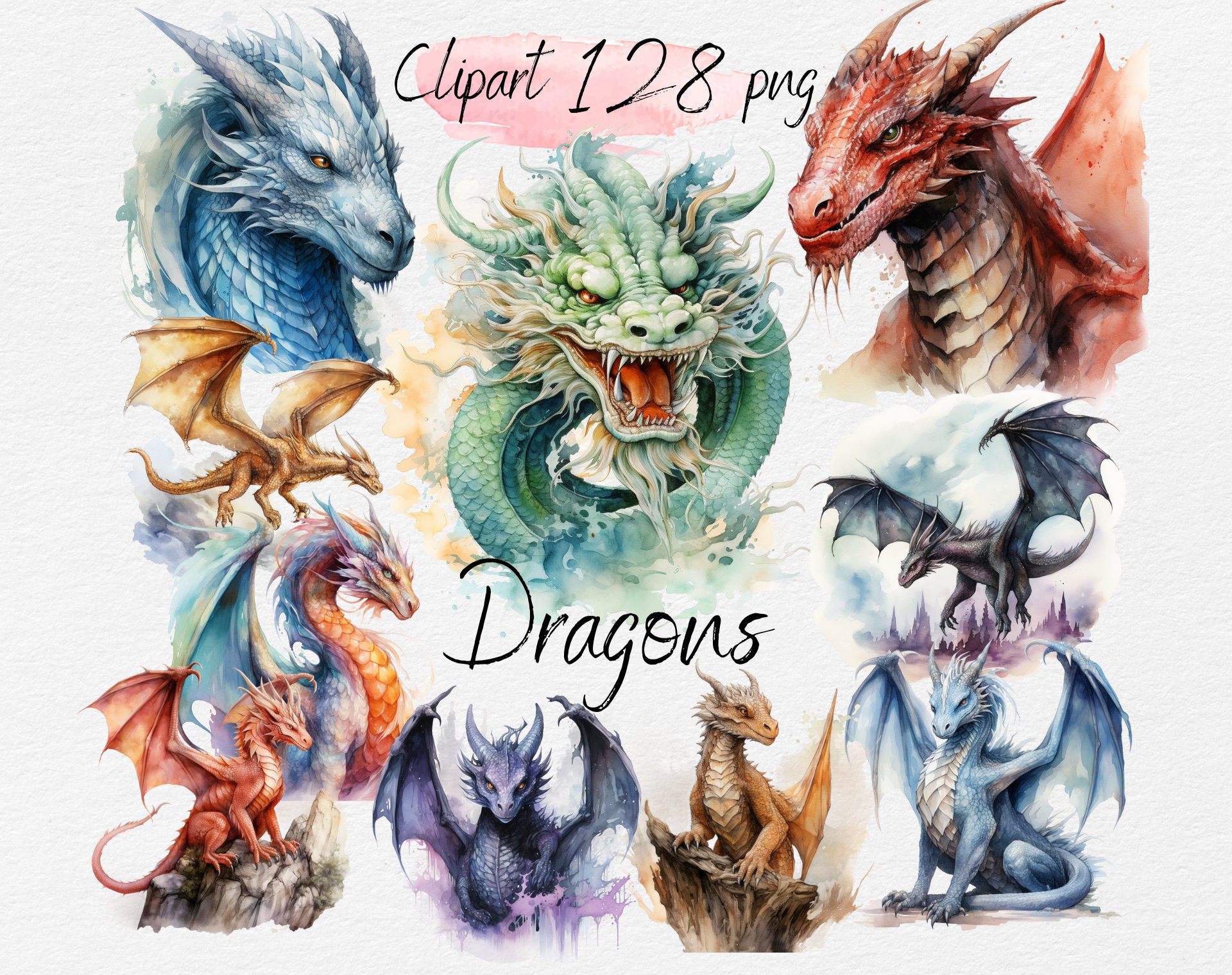 Watercolor Dragons Clipart PNG Bundle Scrapbooking, Junk Journal, Paper ...