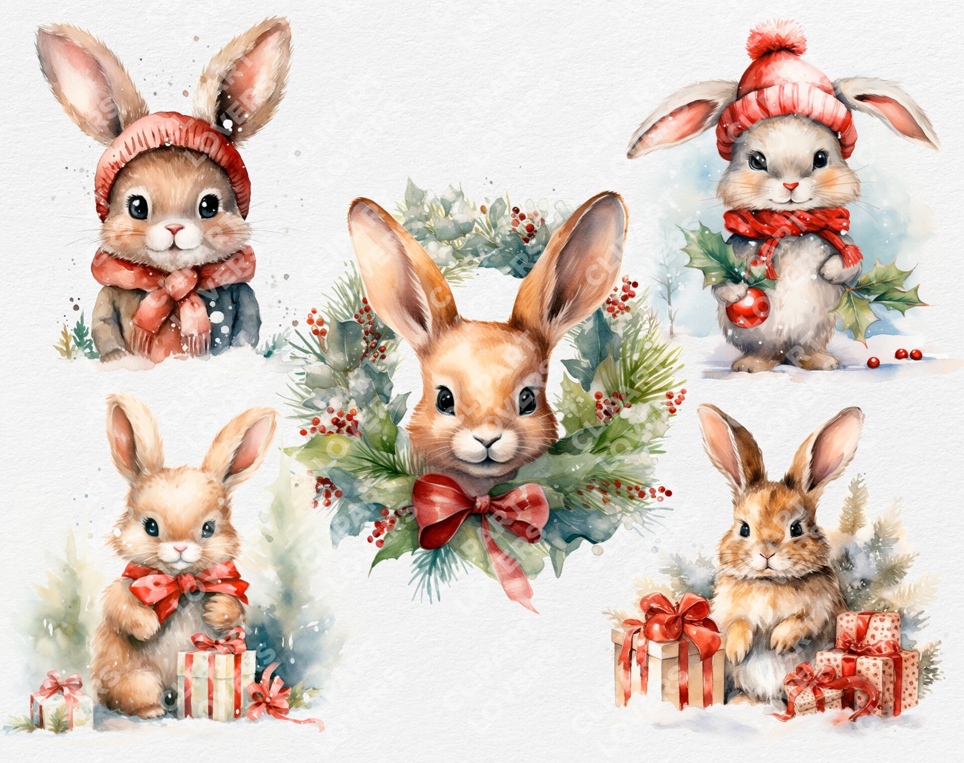 Christmas Bunny Watercolor Clipart Bundle: PNG Digital Download - Etsy