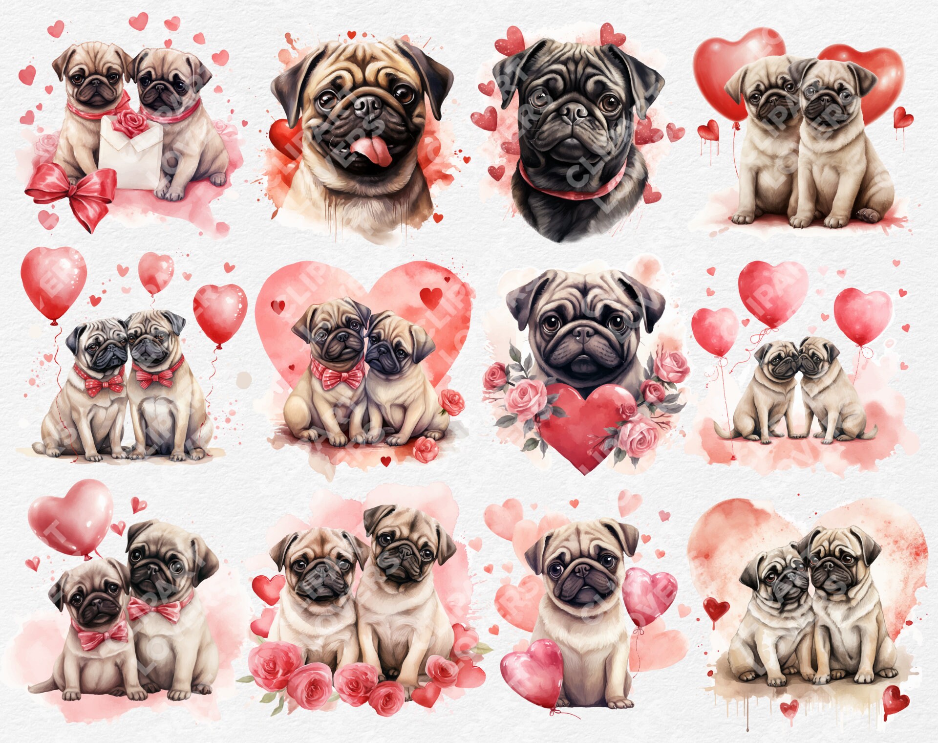 Valentine's Pugs SVG PNG Watercolor Clipart Bundle, Scrapbooking, Junk ...