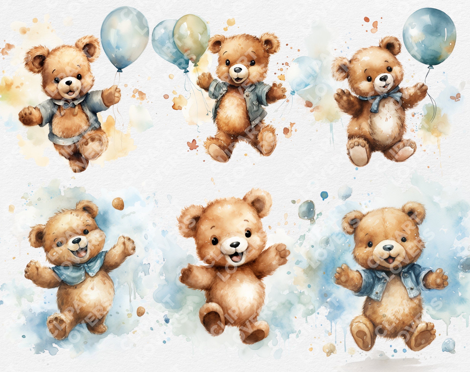 Teddy Bear Watercolor Clipart Png Svg Bundle - Scrapbooking, Junk ...