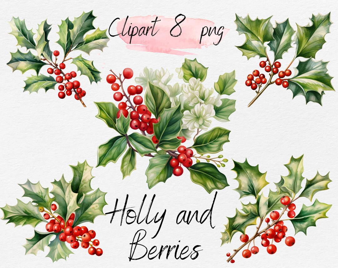 Christmas Holly and Berries Watercolor Clipart Bundle - Scrapbooking ...