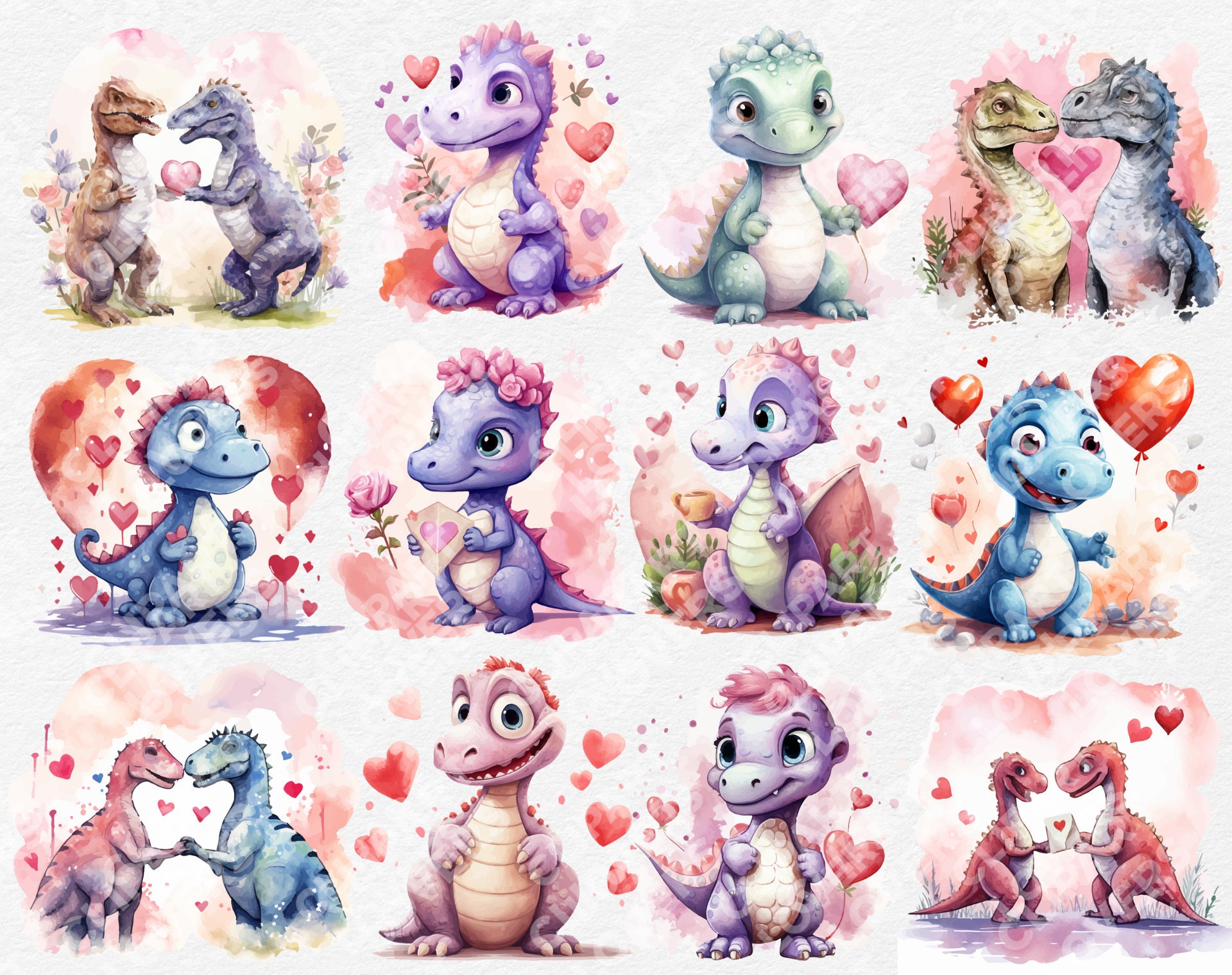 Valentine's Dinosaur SVG PNG Watercolor Clipart Bundle, Scrapbooking ...