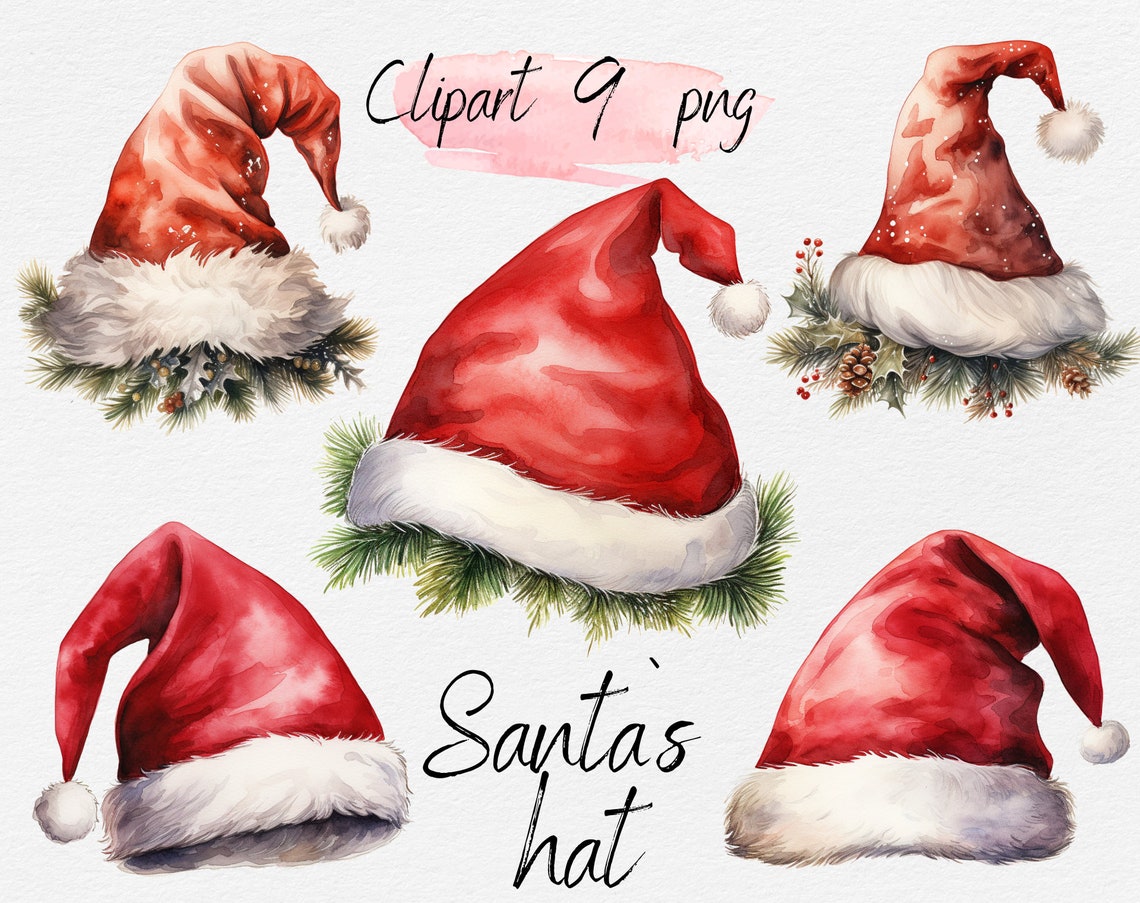 Watercolor Santa Hat Christmas Clipart Bundle (digital Download) - Etsy