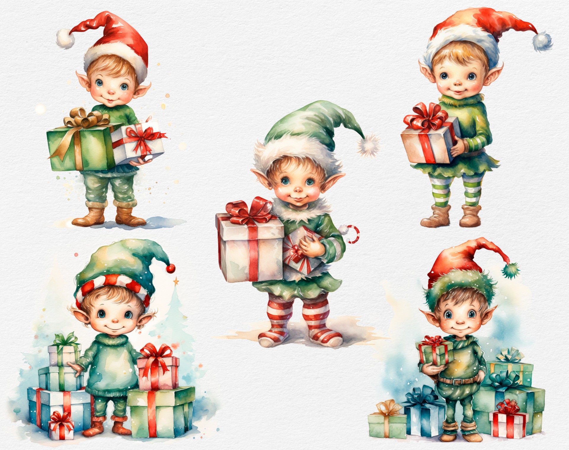 Christmas Elves Watercolor Clipart Bundle: Scrapbooking & Crafts ...