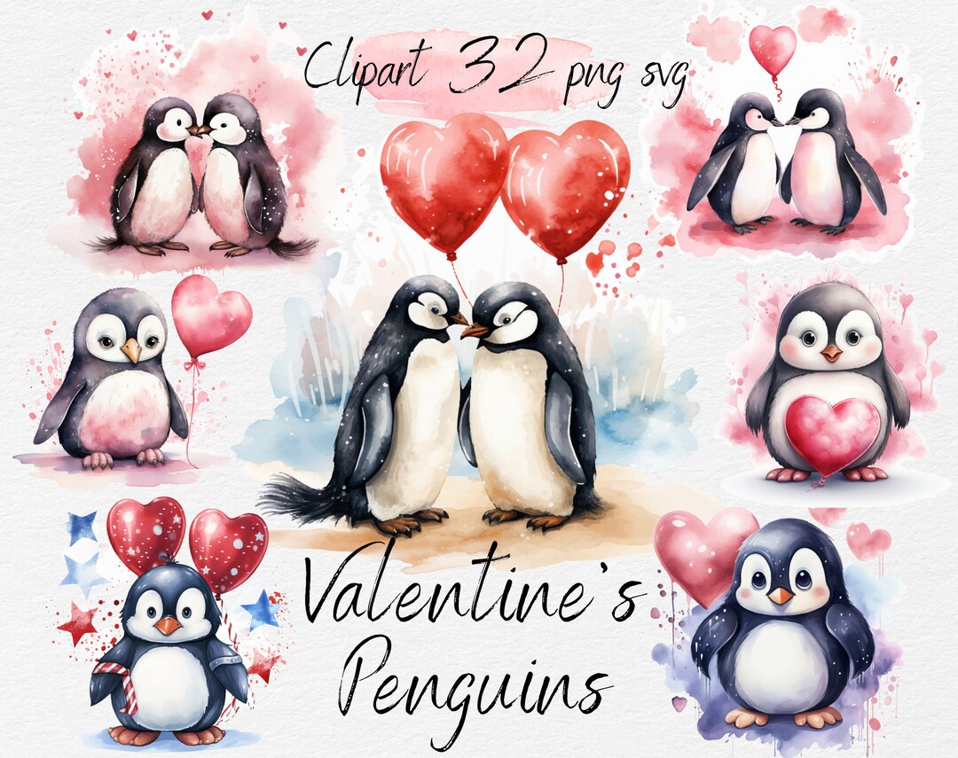 Valentine's Penguins SVG PNG Watercolor Clipart Bundle, Scrapbooking ...