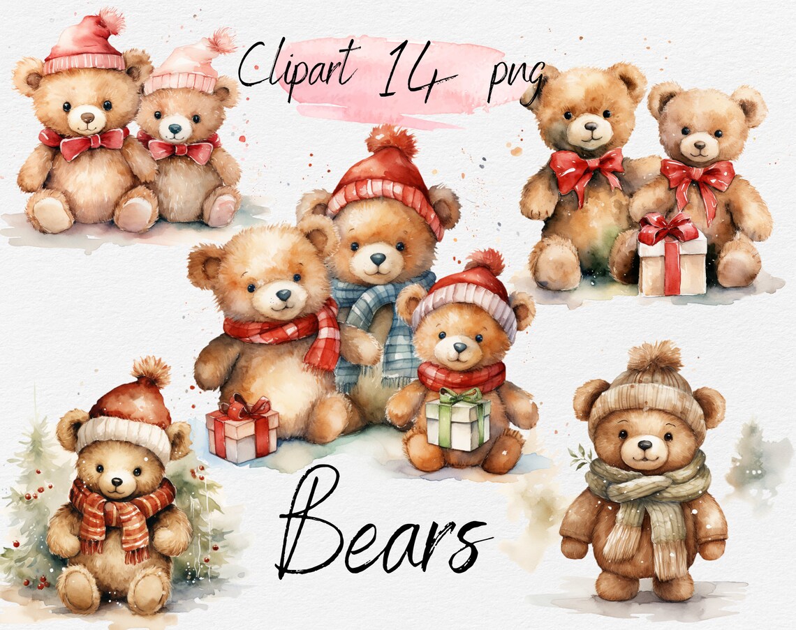 Christmas Bears Watercolor Clipart Bundle - Scrapbooking, Junk Journal ...