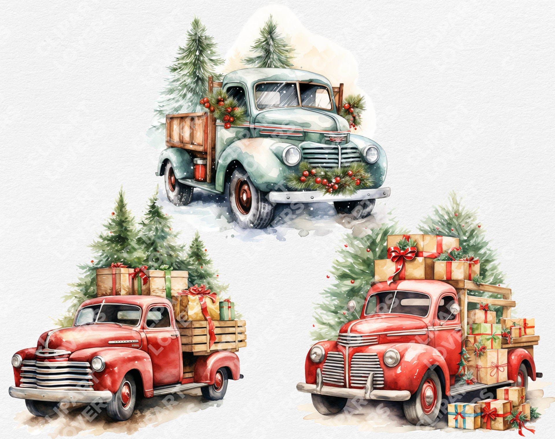 Christmas Truck Watercolor Clipart Bundle Scrapbooking, Junk Journal ...