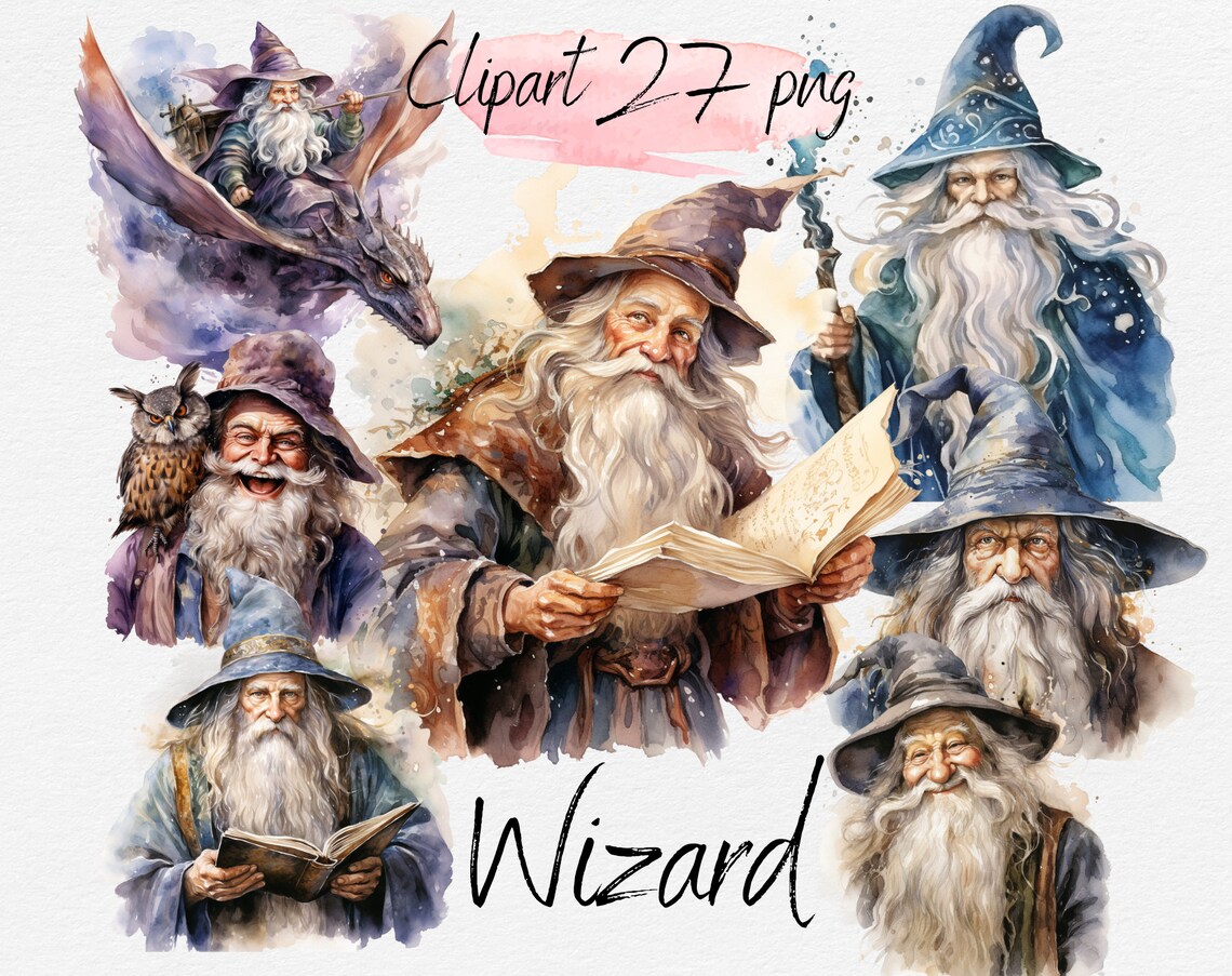 Wizard Watercolor Clipart PNG Bundle Magic Fantasy Fairytale - Etsy