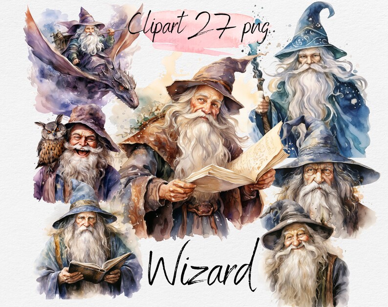 Wizard Watercolor Clipart PNG Bundle Magic Fantasy Fairytale - Etsy