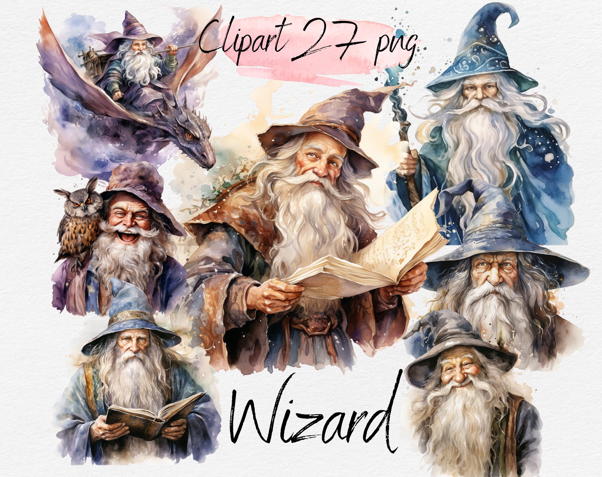 Wizard Watercolor Clipart PNG Bundle Magic Fantasy Fairytale - Etsy