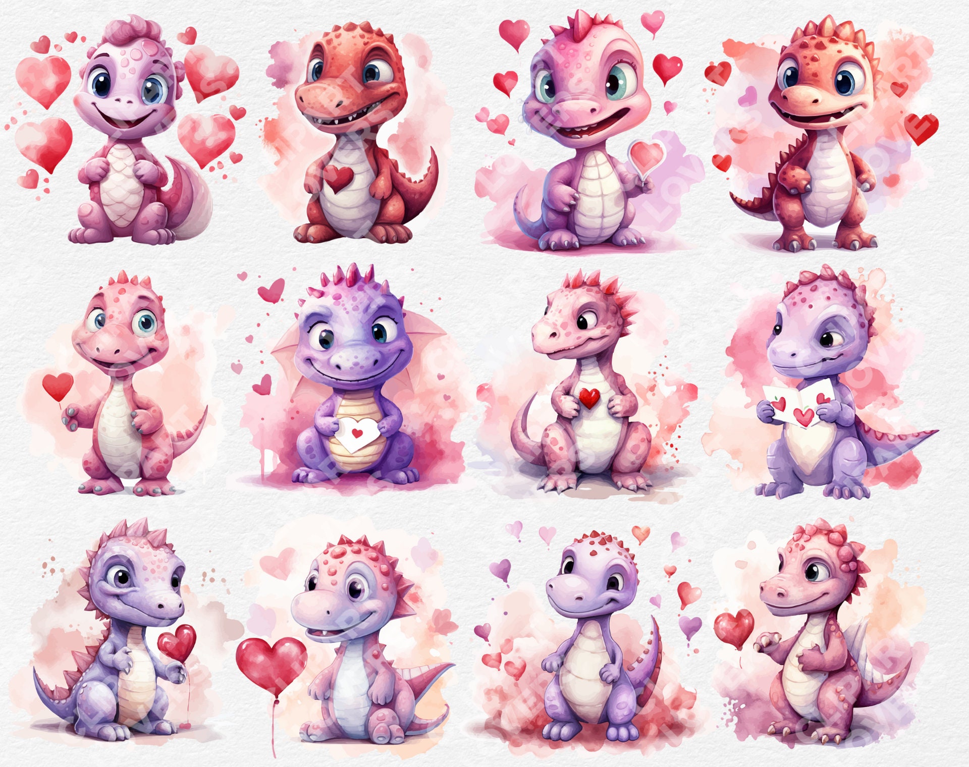Valentine's Dinosaur SVG PNG Watercolor Clipart Bundle, Scrapbooking ...