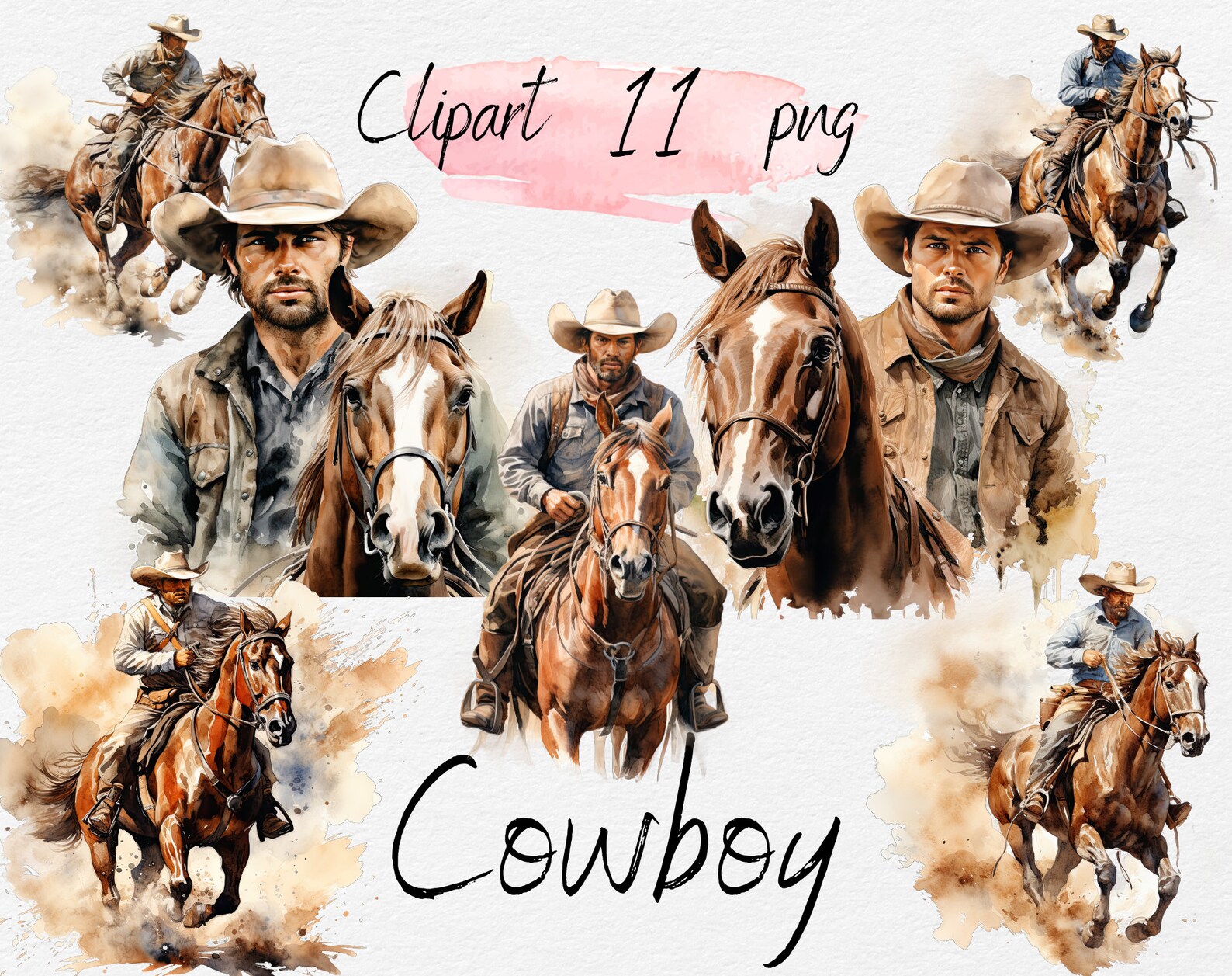 Cowboy Clip Art PNG Watercolor Clipart Bundle for Sublimation Designs ...