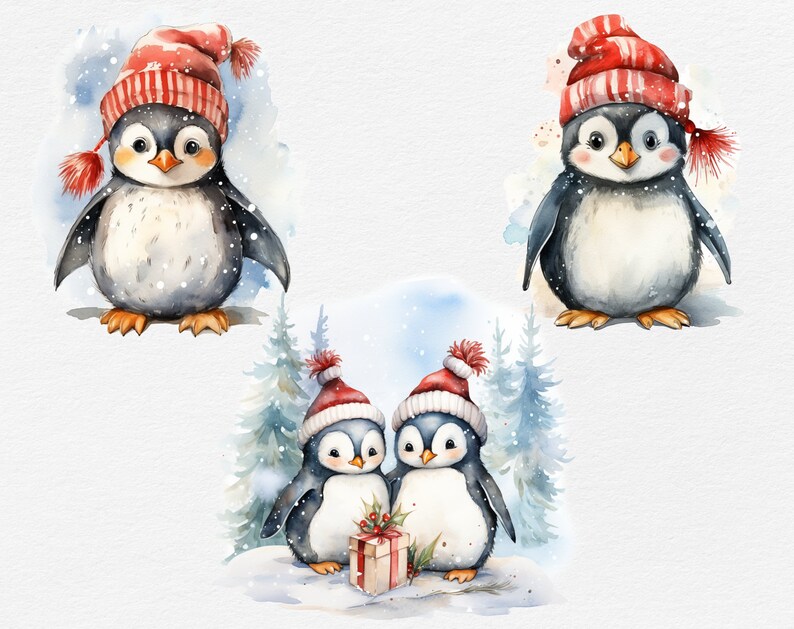 Christmas Penguins PNG Watercolor Clipart Bundle - Artful Christmas Art ...