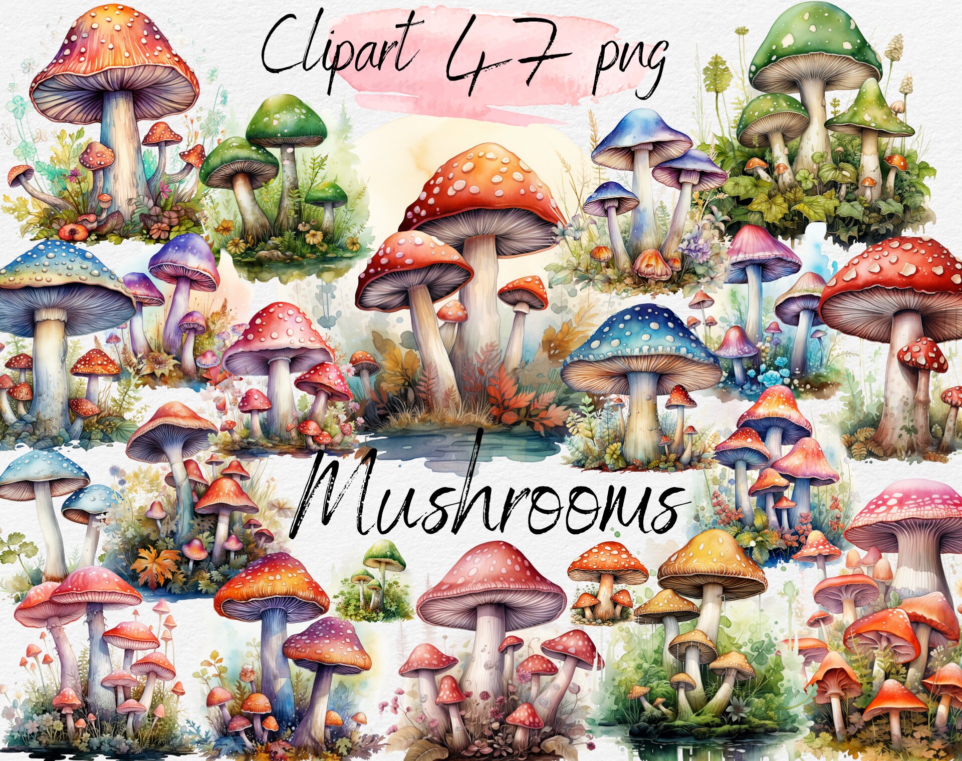 Mushrooms Watercolor Clipart PNG Bundle Scrapbooking, Junk Journal ...