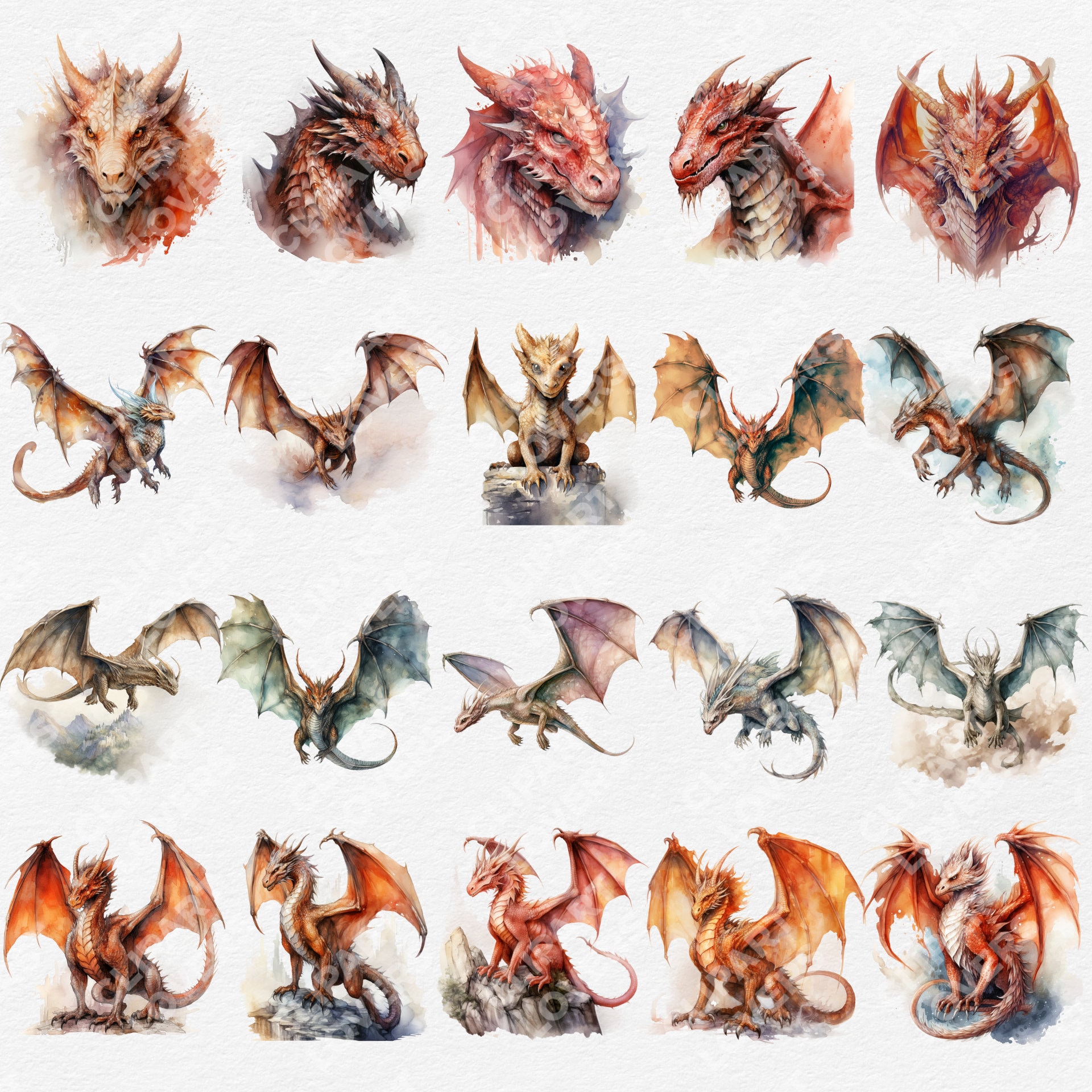 Watercolor Dragons Clipart PNG Bundle: Scrapbooking & Storybook ...