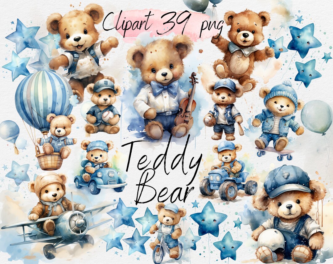 Teddy Bear Watercolor Clipart Png Svg Bundle - Scrapbooking, Junk ...