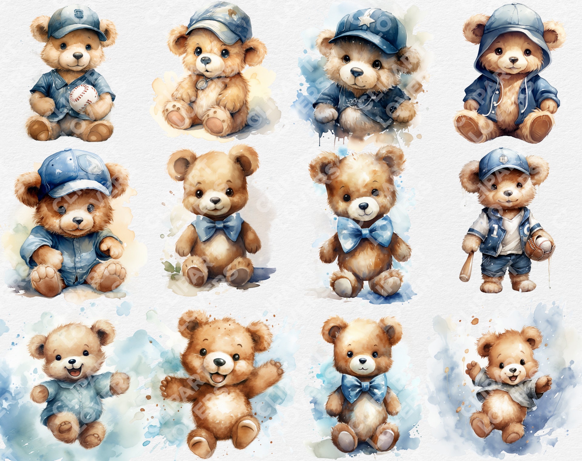 Teddy Bear Watercolor Clipart Png Svg Bundle - Scrapbooking, Junk ...