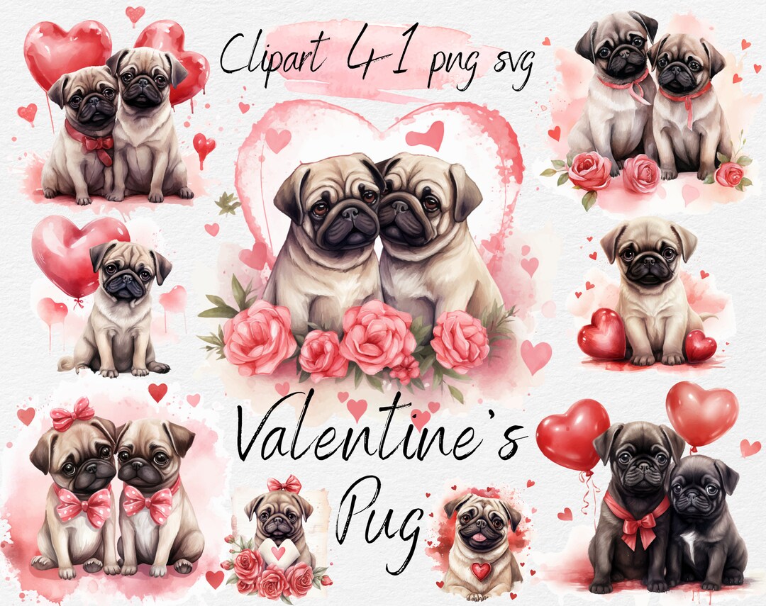 Valentine's Pugs SVG PNG Watercolor Clipart Bundle, Scrapbooking, Junk ...