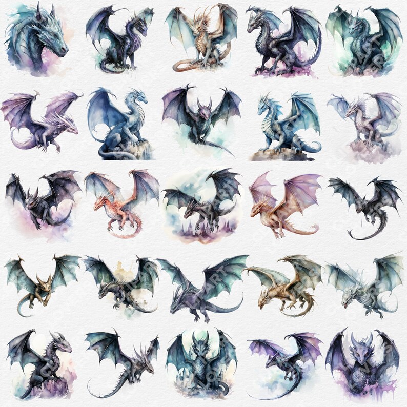 Watercolor Dragons Clipart PNG Bundle Scrapbooking, Junk Journal, Paper ...