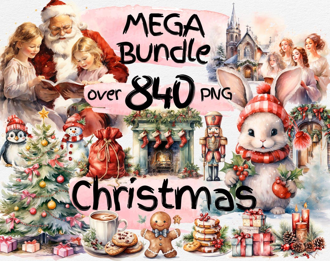Christmas Clipart Bundle Watercolor PNG Santa Claus Sack Hat Christmas ...