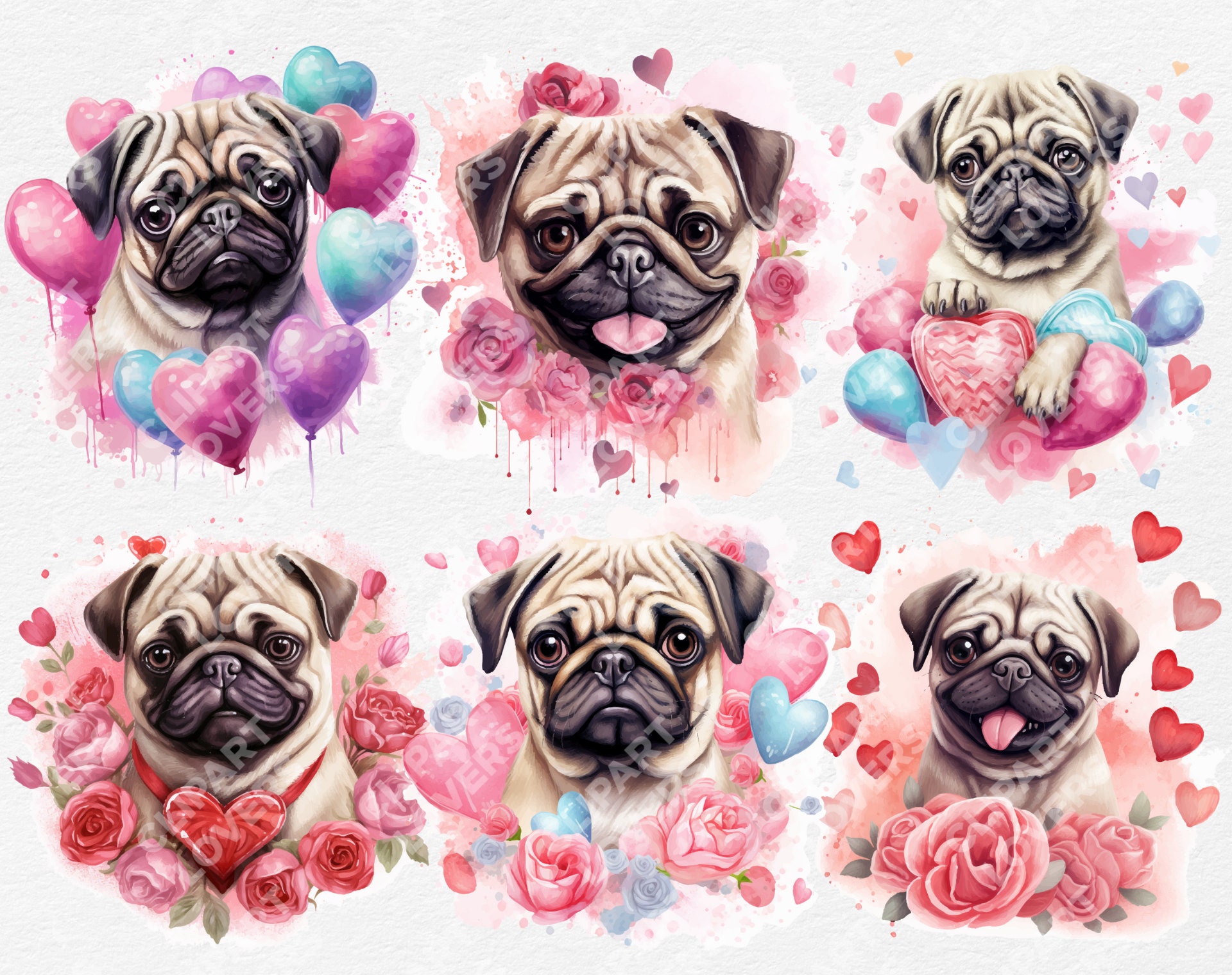 Valentine's Pugs SVG PNG Watercolor Clipart Bundle, Scrapbooking, Junk ...
