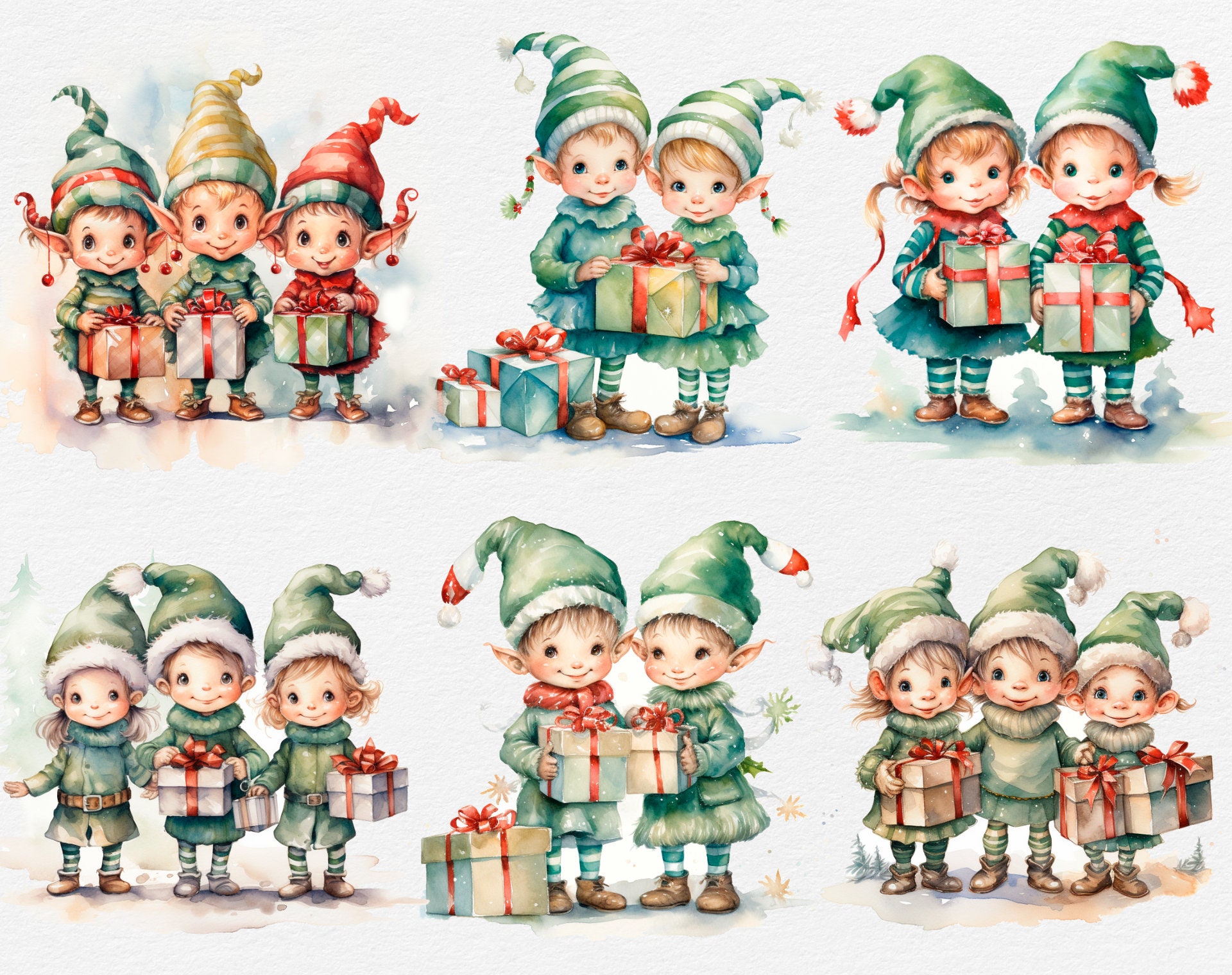 Christmas Elves Watercolor Clipart Bundle: Scrapbooking & Crafts ...