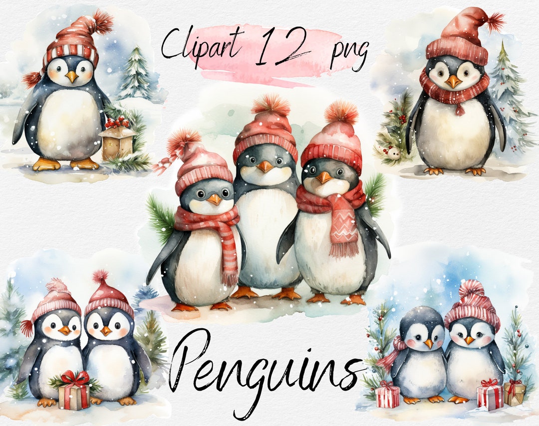 Christmas Penguins PNG Watercolor Clipart Bundle - Artful Christmas Art ...
