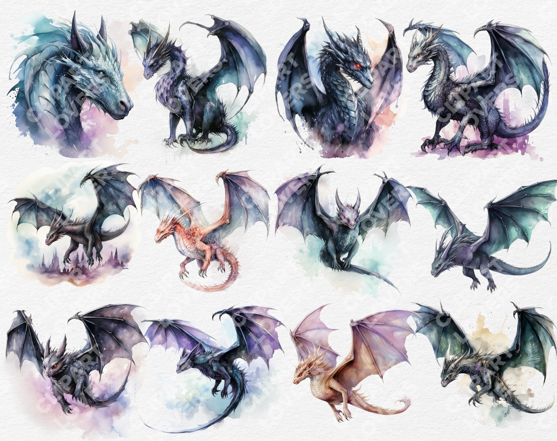 Watercolor Purple Dragons Clipart Bundle Dragon Png, Dragon Clipart ...