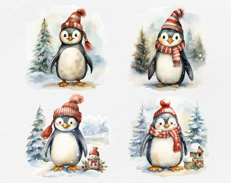 Christmas Penguins Watercolor Clipart: PNG Bundle (digital Download) - Etsy