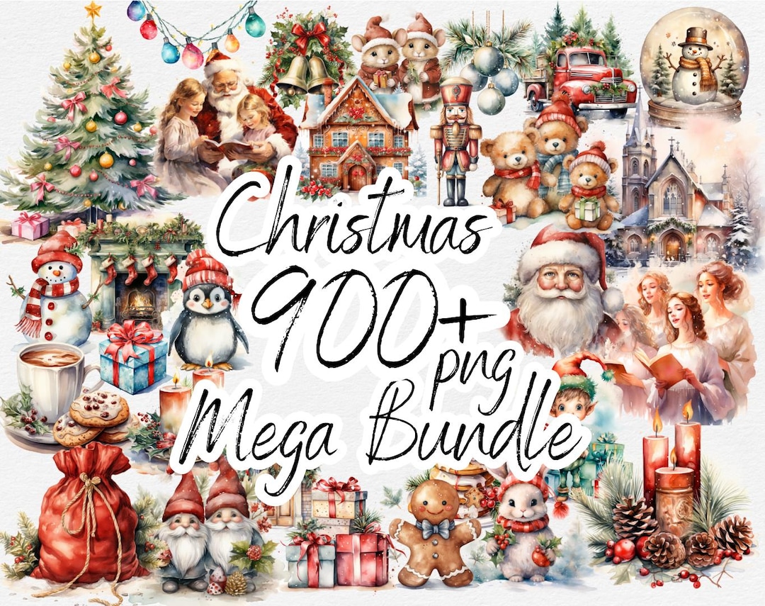 Watercolor Christmas Clipart Mega Bundle: 900+ PNG Graphics (digital ...