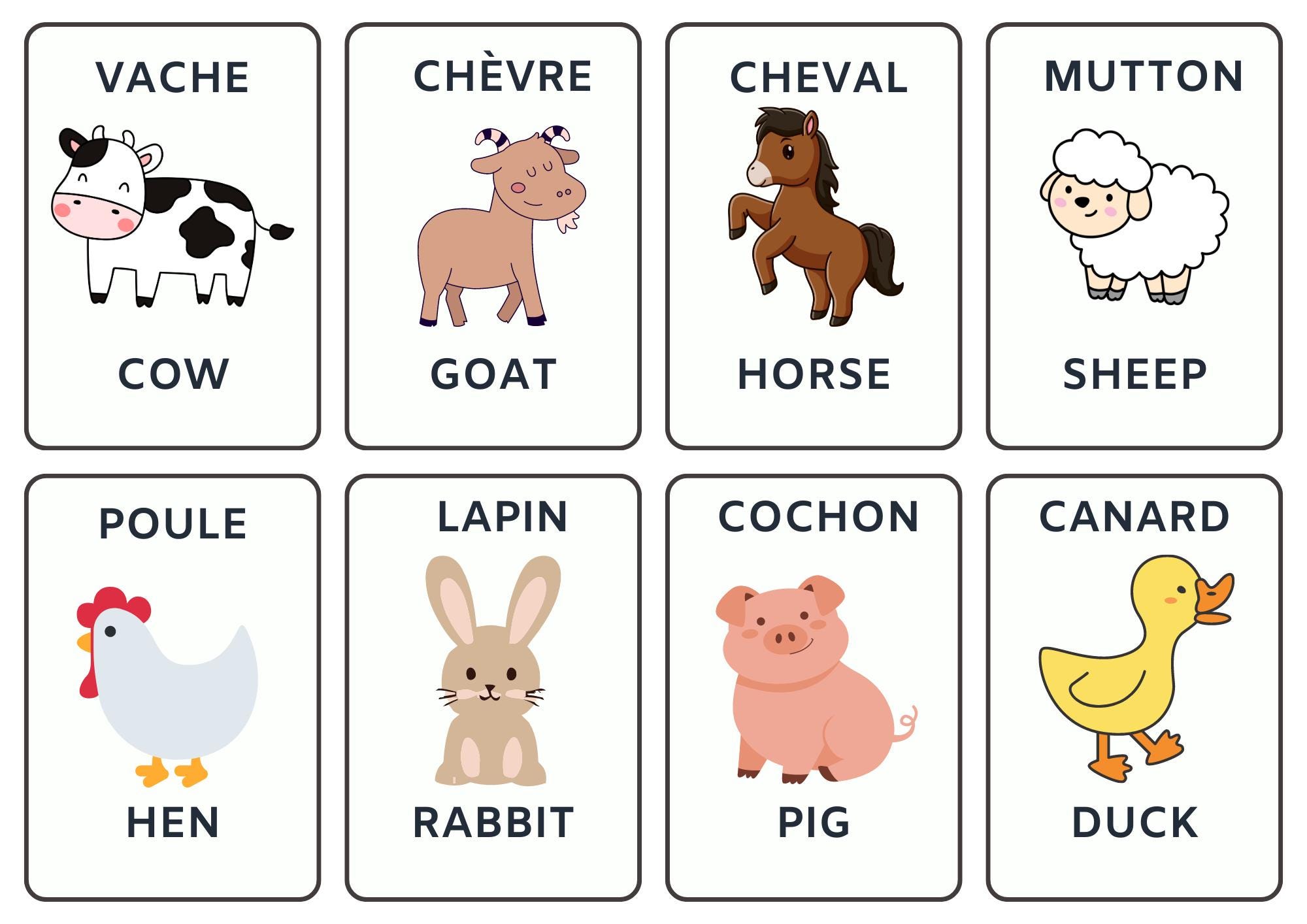 Farm Animals Flashcards French/english - Etsy