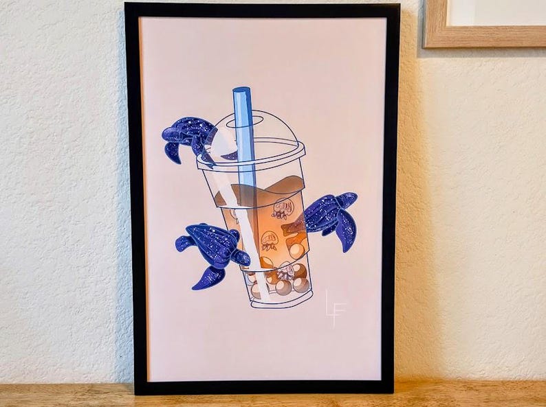 Boba Tea With Turtles and Jellyfish Art Print | 12x18 Milk Tea Poster ...