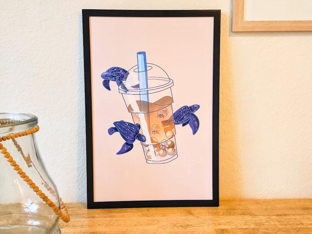Boba Tea With Turtles and Jellyfish Art Print | 12x18 Milk Tea Poster ...