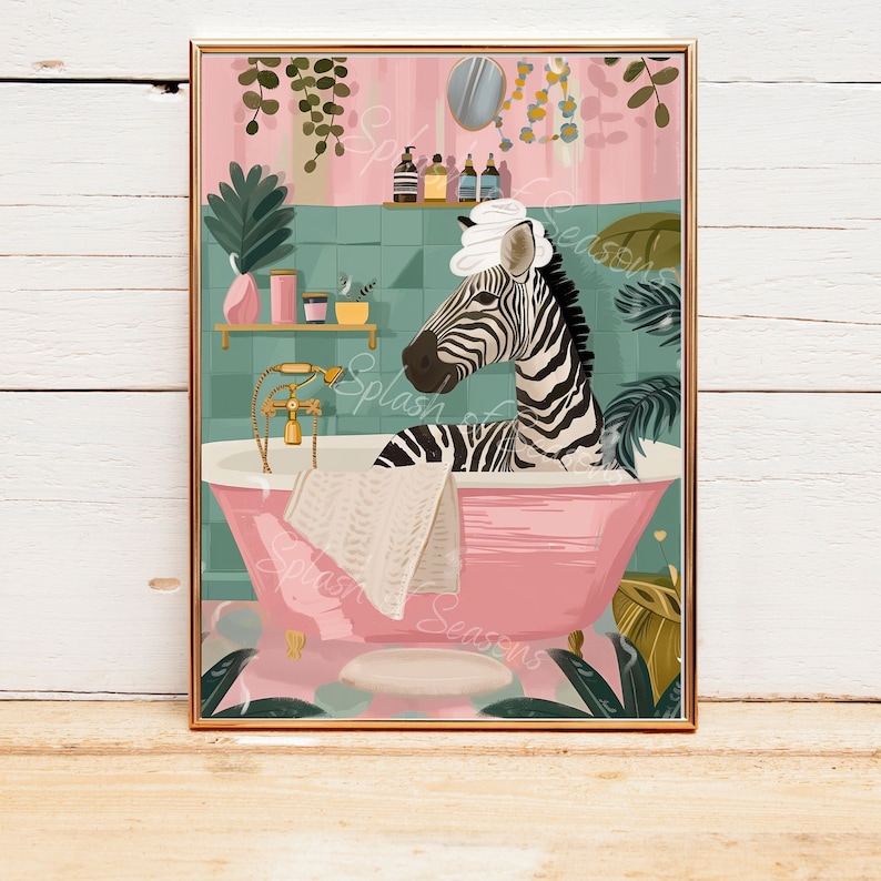 Zebra in Bathtub Bathroom Print, Tropical Jungle Home Decor, Funny ...