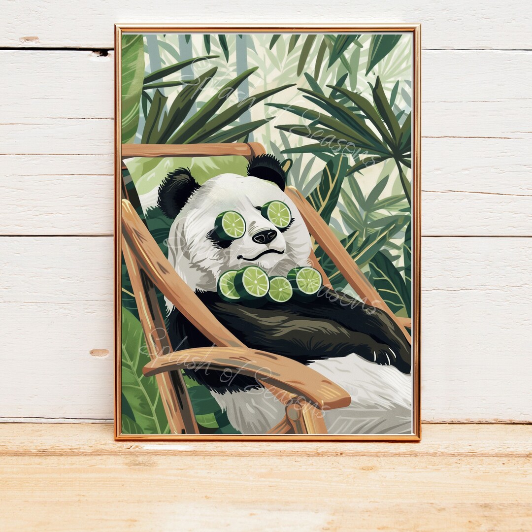 Panda Spa Day Print Print, Tropical Home Decor, Living Room Art Print ...