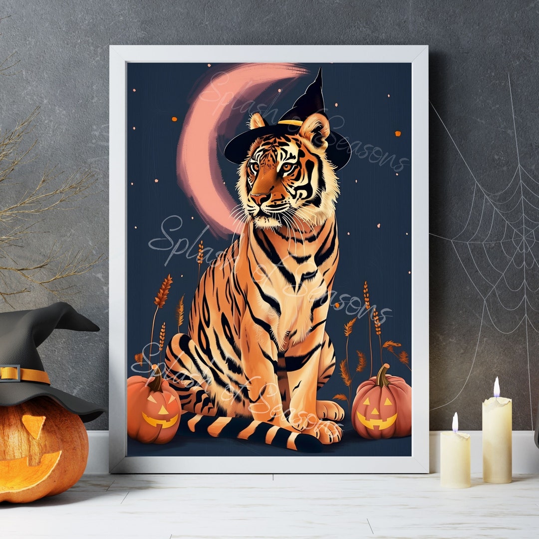 Tiger With A Witch Hat Print, Halloween Home Decor, Halloween Print ...