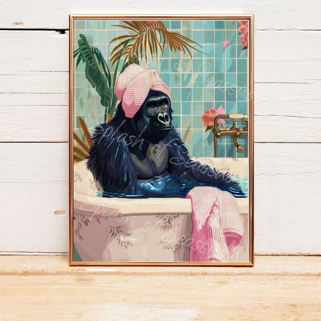 Gorilla in Bathtub Bathroom Print, Tropical Jungle Home Decor, Funny ...