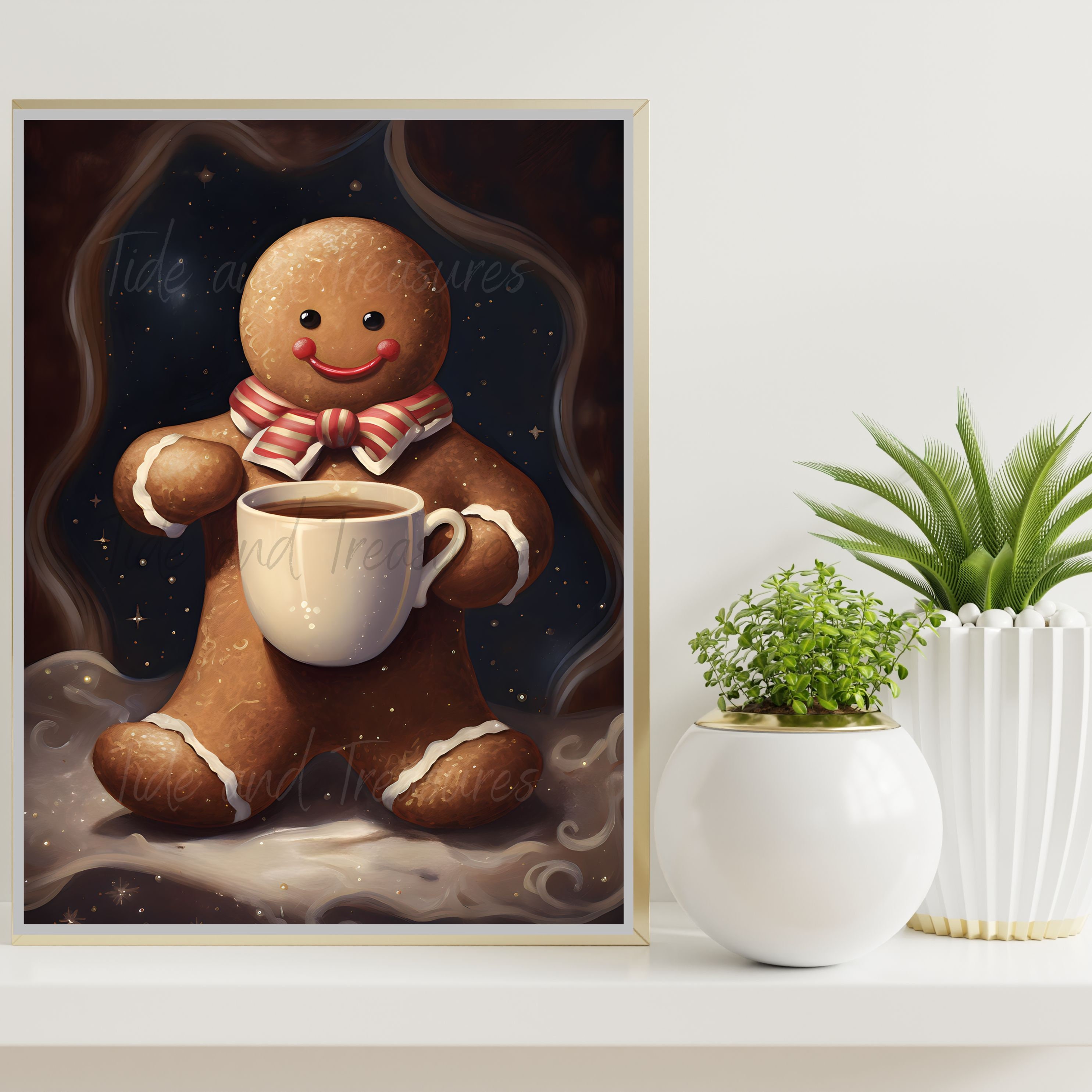 Gingerbread Man Drinking Hot Cocoa, Cute Christmas Wall Decor, Holiday ...