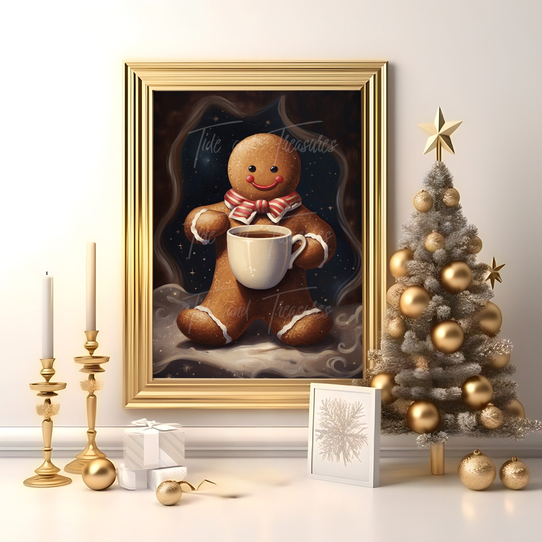 Gingerbread Man Drinking Hot Cocoa, Cute Christmas Wall Decor, Holiday ...