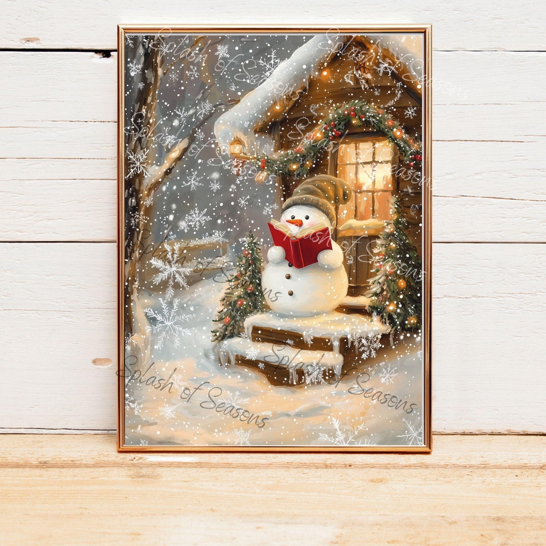 Snowman Reading His Book, Christmas Wall Art Print, Holiday Home Decor ...