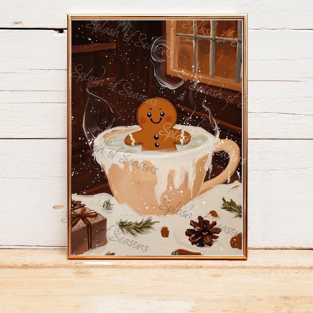Gingerbread Taking A Bath in Hot Cocoa, Christmas Wall Art Print ...